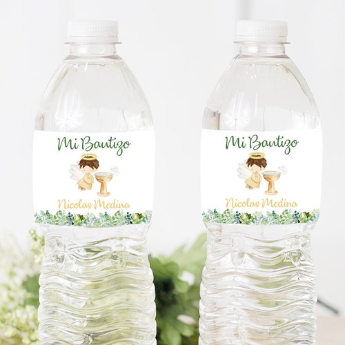Angel Green Leaves Baptism Water Bottle Labels in Spanish - Etsy