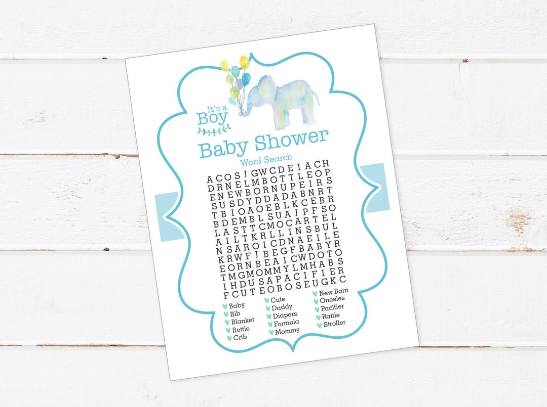 Elephant Baby Shower Word Search - Elephant Baby Shower Games Printable ...