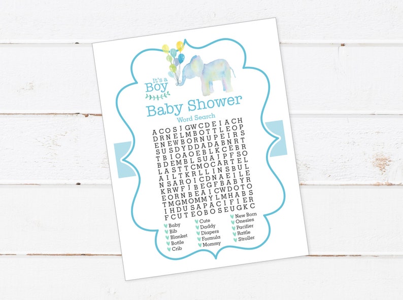 Elephant Baby Shower Word Search Elephant Baby Shower Games - Etsy