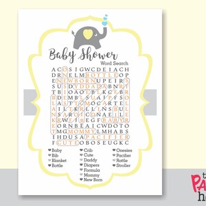 Elephant Baby Shower Word Search Gender Neutral - Elephant Baby Shower ...