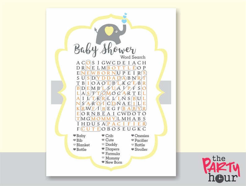 Elephant Baby Shower Word Search Gender Neutral Elephant | Etsy