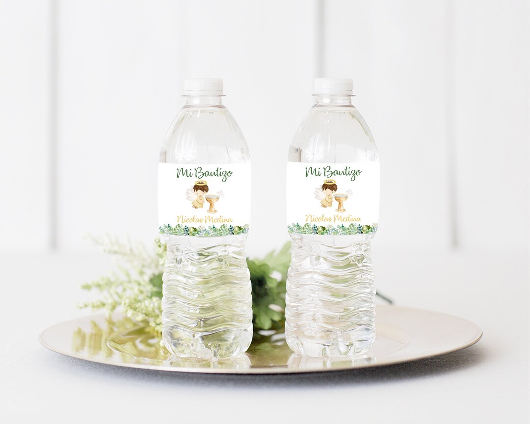 Angel Green Leaves Baptism Water Bottle Labels in Spanish, Printable ...