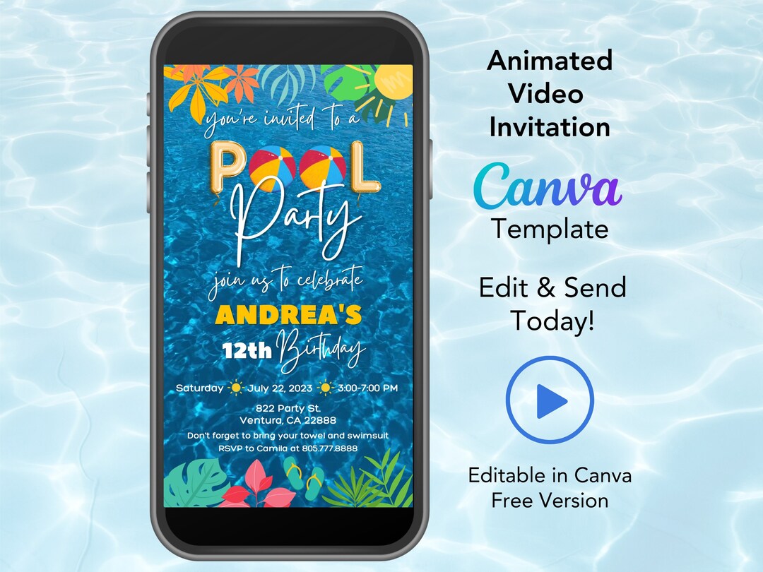 Animated Pool Party Birthday Invitation - Canva Birthday Video ...