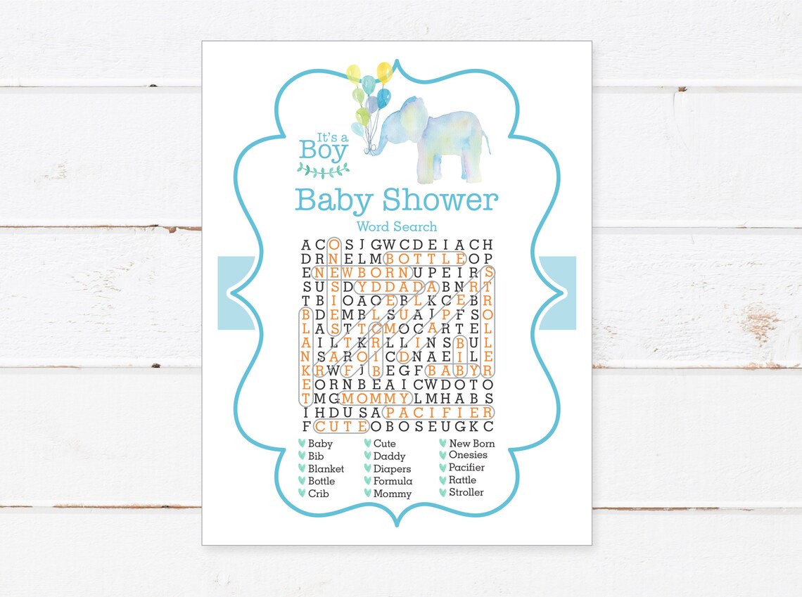 Elephant Baby Shower Word Search Elephant Baby Shower Games - Etsy