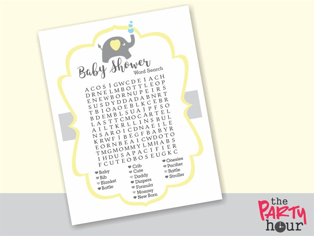 Elephant Baby Shower Word Search Gender Neutral - Elephant Baby Shower ...