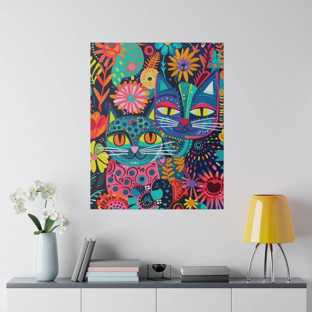 Vibrant Cats in Floral Wonderland: Bold Colors, Playful Patterns, and ...