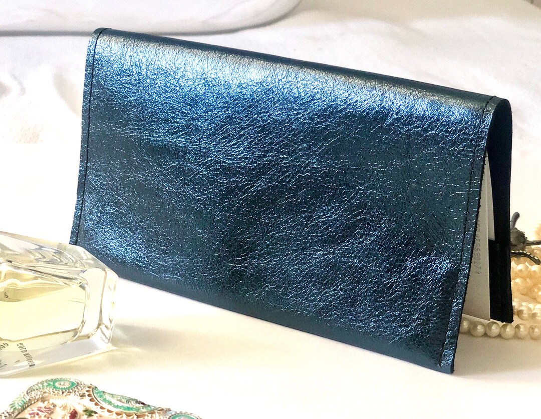 Navy Blue Leather Cheque Book Cover, Metallic Leather Cheque Book Pouch ...