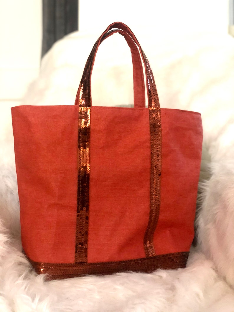 Prune Coated Linen Tote Bag With Prune Coloured Sequins - Etsy