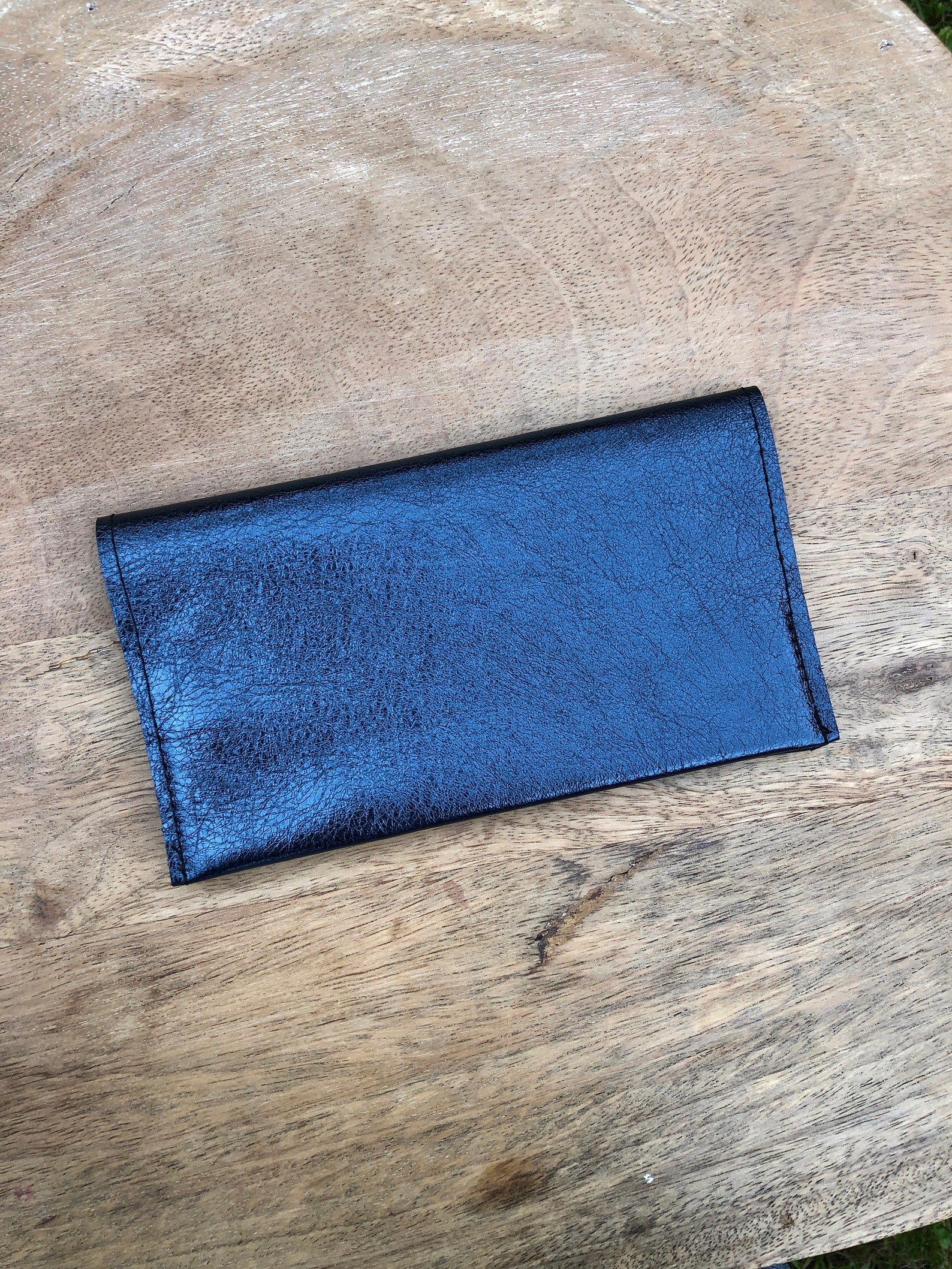 Navy Blue Leather Cheque Book Cover, Metallic Leather Cheque Book Pouch ...