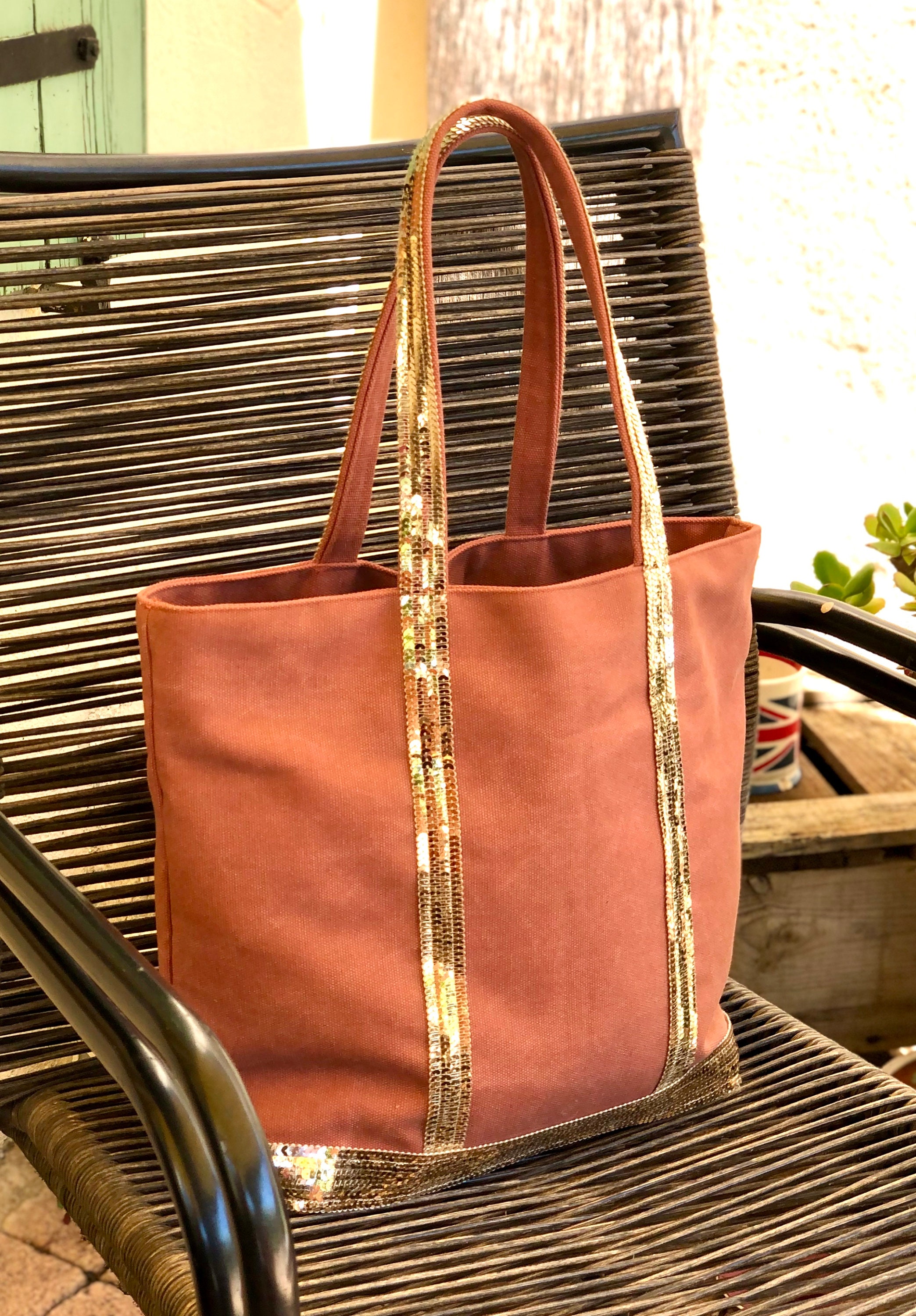 Terracotta Cotton Tote Bag With Gold Sequins - Etsy