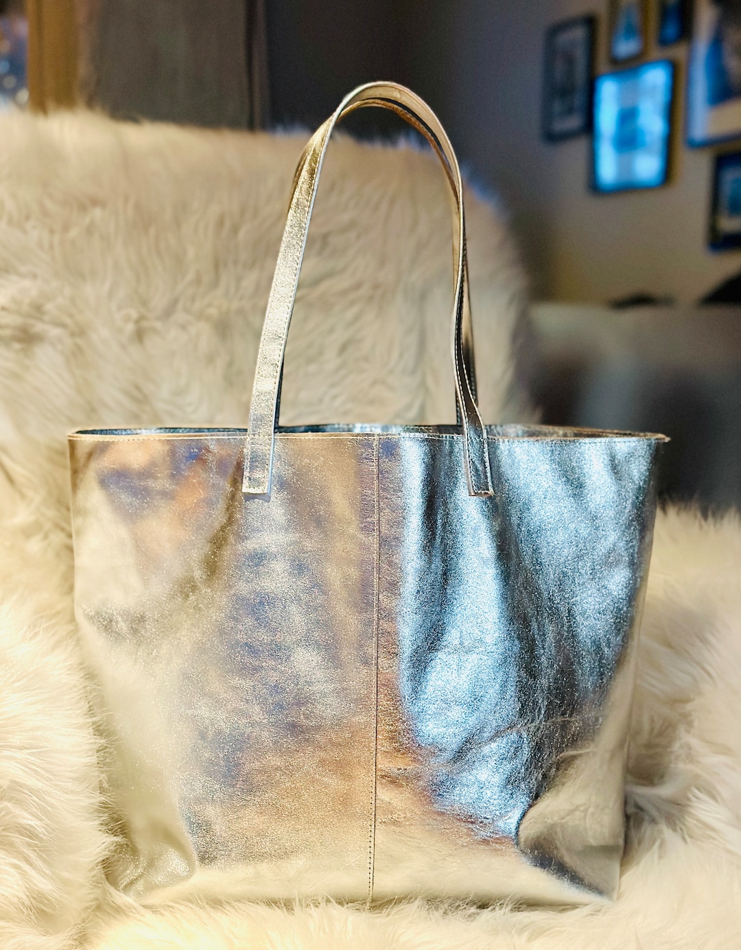 Large Italian Leather Silver Lined Tote Bag - Etsy