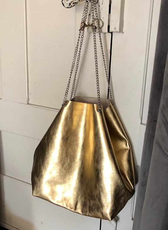 Gold leather tote bag with chain | Etsy