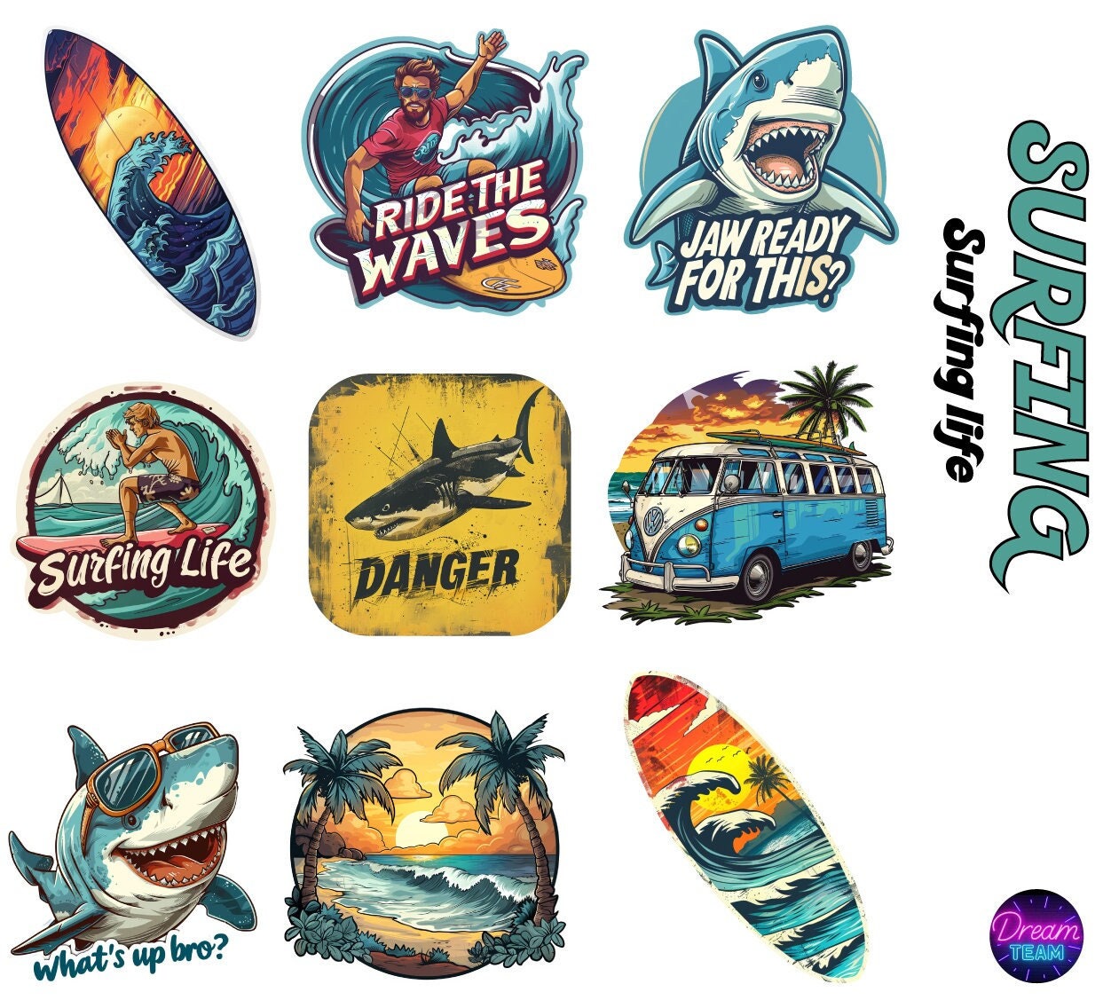 Surfing, Sport, Acuatic, Beach, Shark, Wave, Surfing Board, Stickers ...