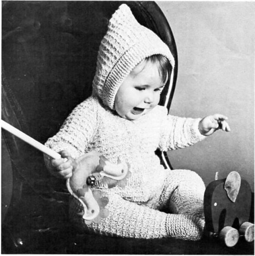 Baby All in One Knitting Pattern Pdf 5ply Pram Suit With Hood Vintage ...