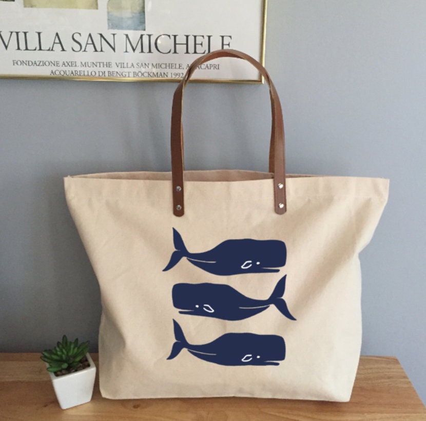 Whale Cotton Tote Bag, Nautical Leather Handles - Etsy