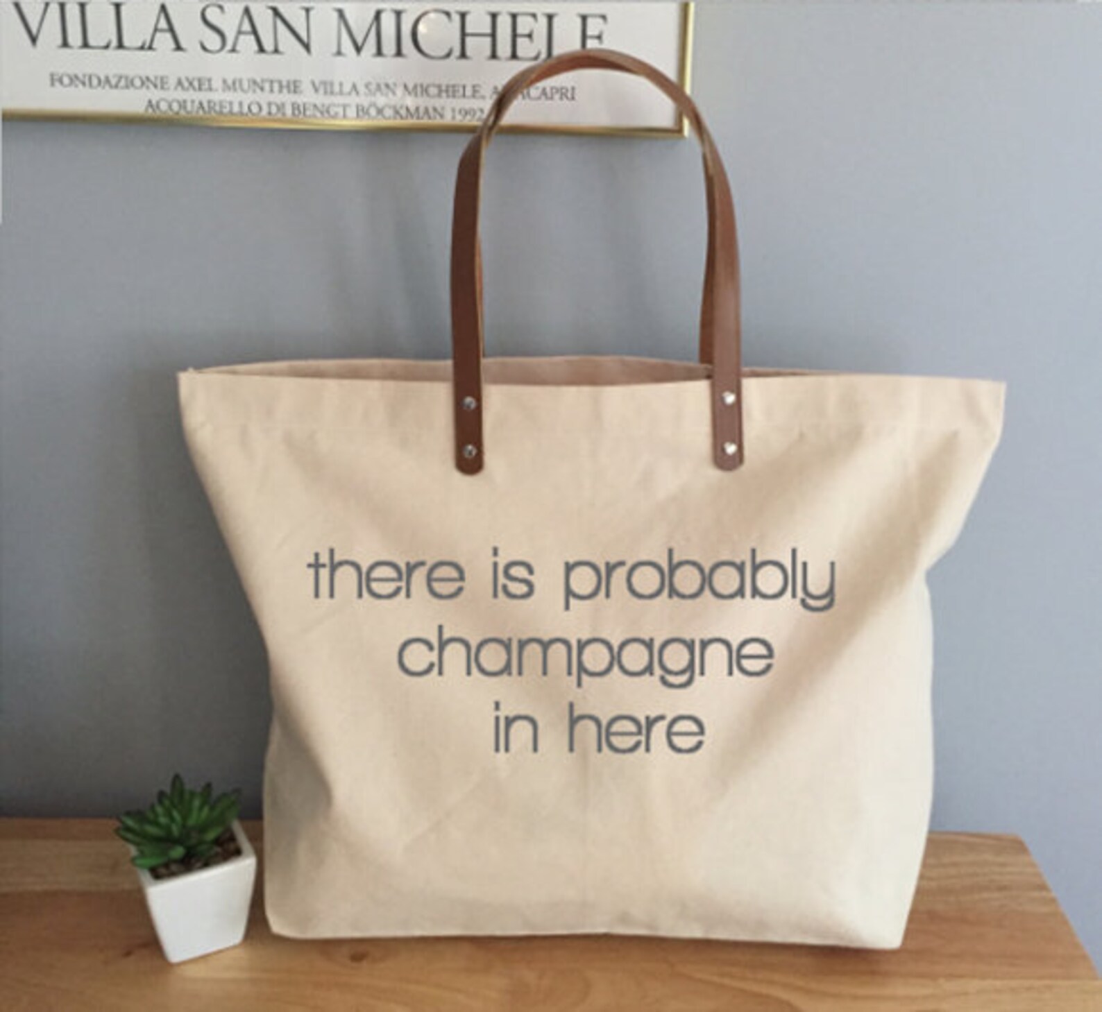 Champagne Tote Bag, Cotton Canvas With Leather Straps - Etsy