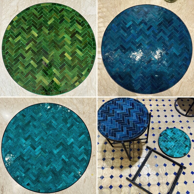 Zellige Table Diameter 60 Cm, Round Blue Coffee Table, Moroccan Tiles ...