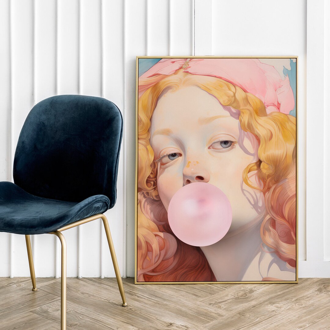 Girl Portrait With Pink Gum - Poster Art Funny Art Girl Poster Print - Etsy