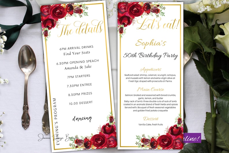 Red Roses Program and Menu Card Template Red Roses Gold Menu Card ...