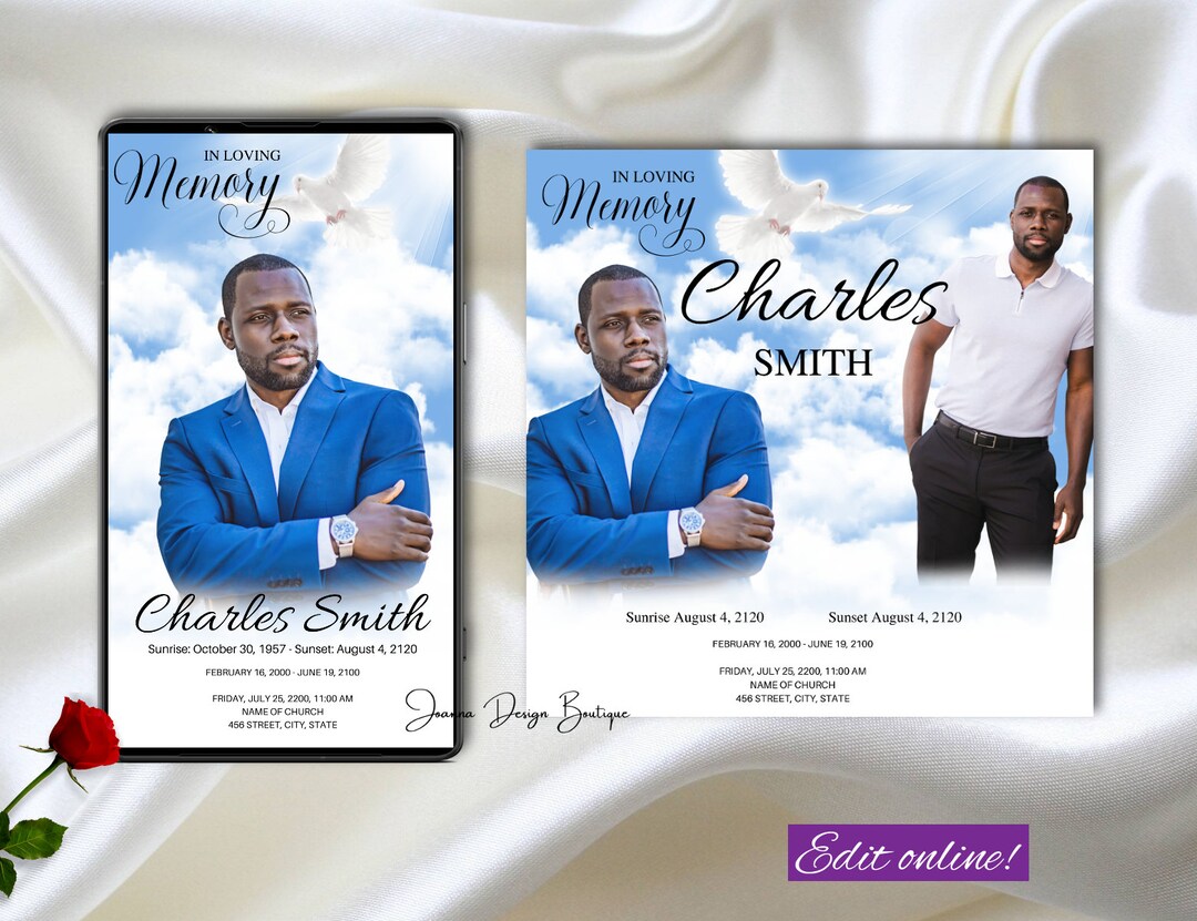 Blue Sky Dove Funeral Invitation Flyer Memorial Flyer Funeral ...