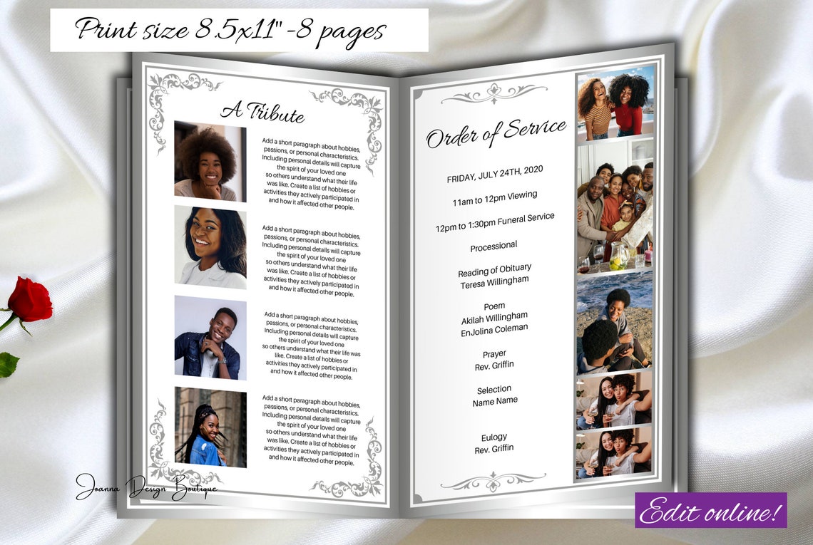 White Silver Funeral Program Obituary Template 8 Pages Male - Etsy