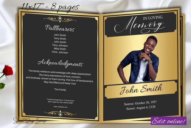 Gold Funeral Program Template 11x17" 8 Pages Male Man Gold Memorial ...
