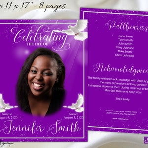 Purple Silver Obituary Funeral Program 8 Pages Dove Silver Heaven ...