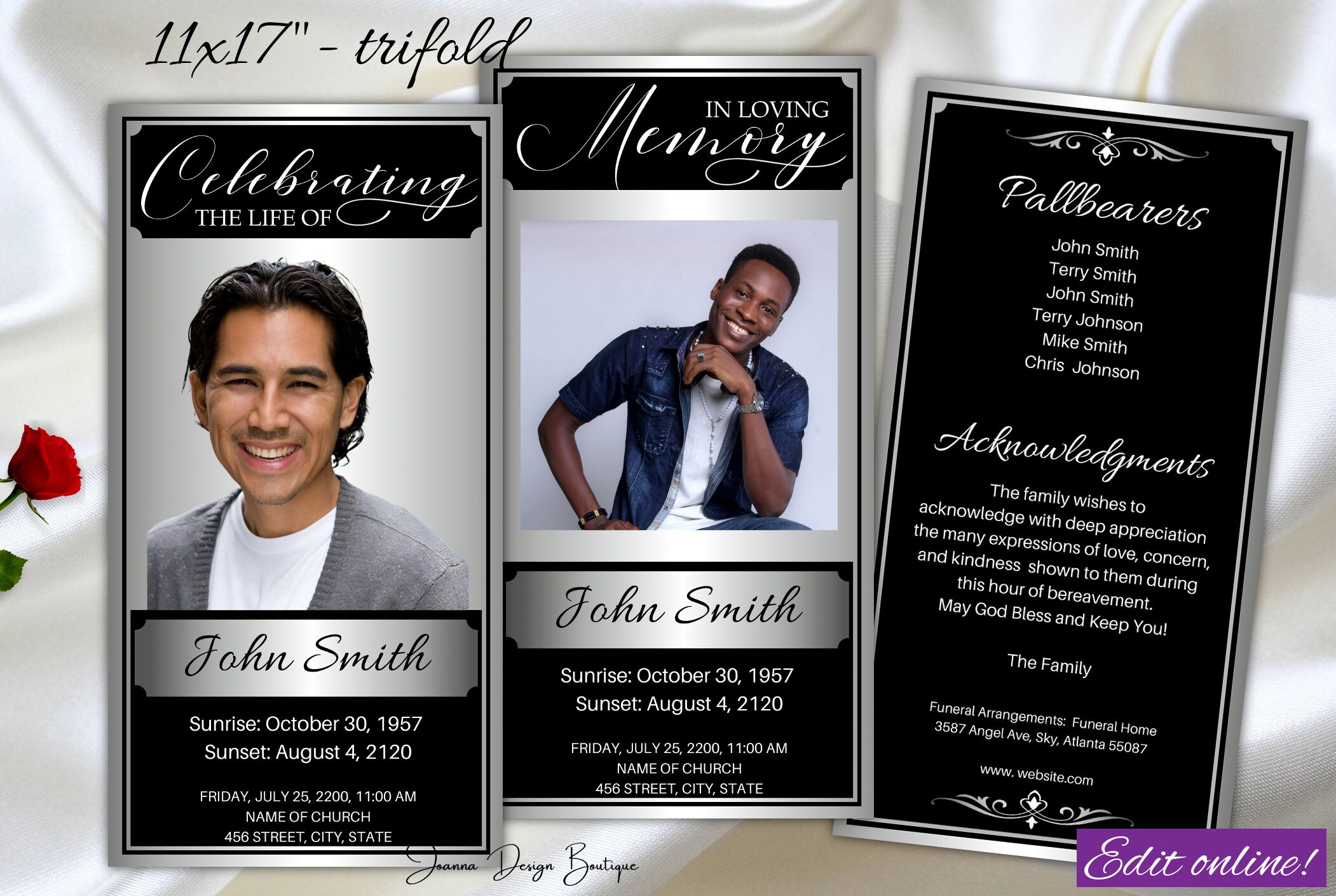 Black Silver Funeral Program Template Trifold Silver Memorial Service ...