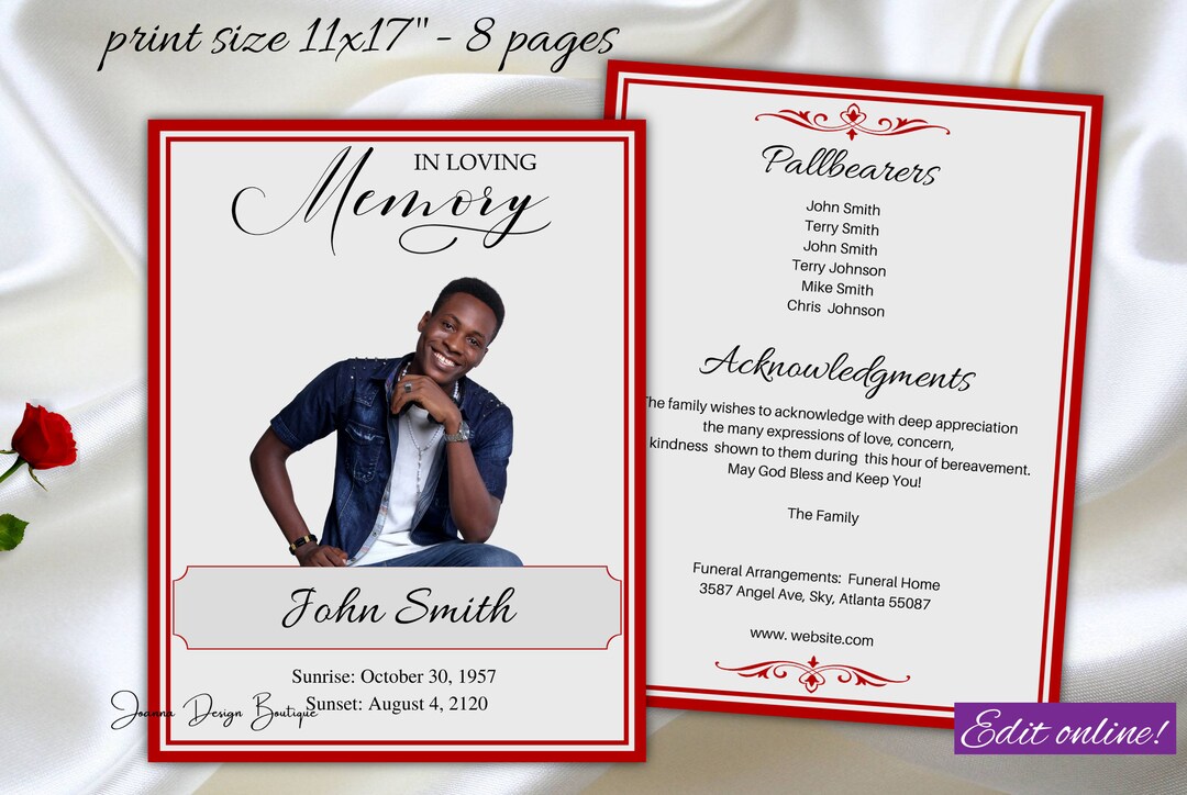 Red Gray Obituary Funeral Program Template 11x17 Red Memorial Service ...