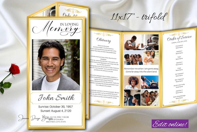 White Gold Funeral Program Template Trifold Gold Memorial | Etsy