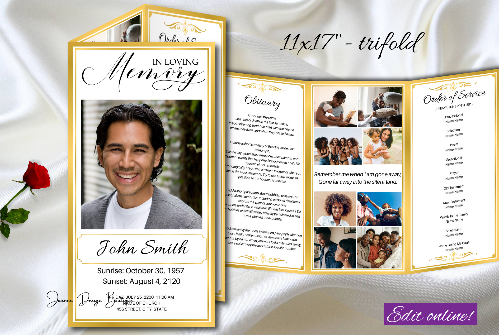 White Gold Funeral Program Template Trifold Gold Memorial - Etsy Finland