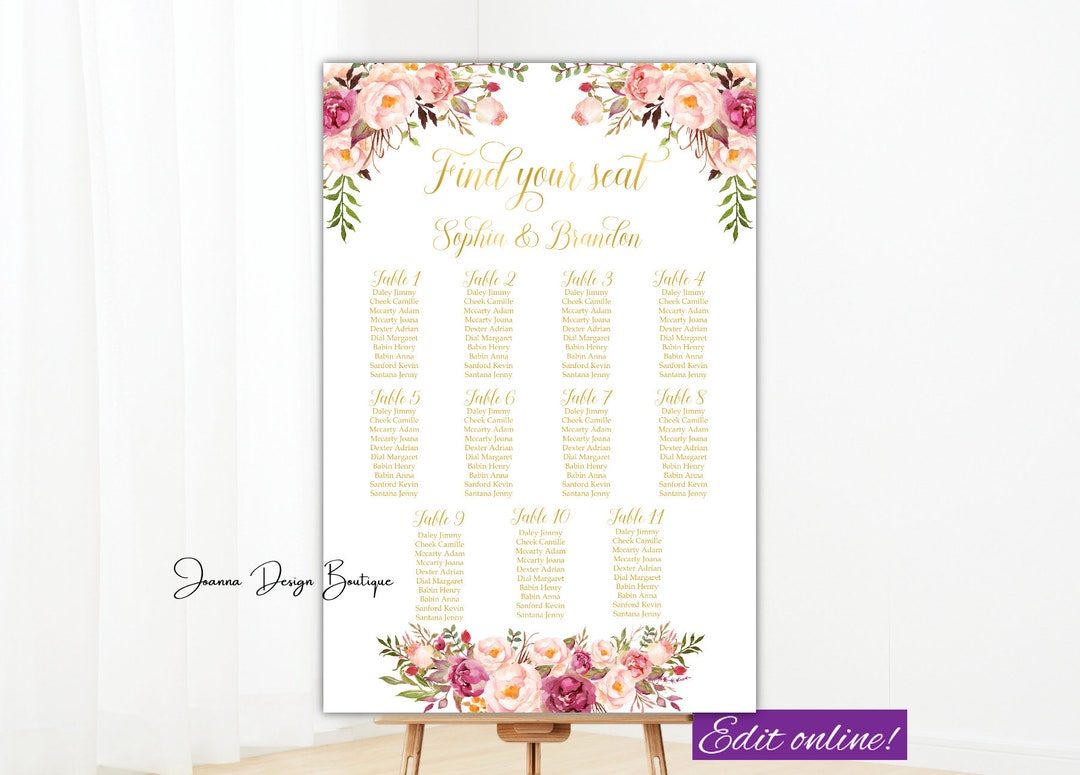 Blush Flowers Roses Seating Chart Template Pastel Flowers Gold Seating ...