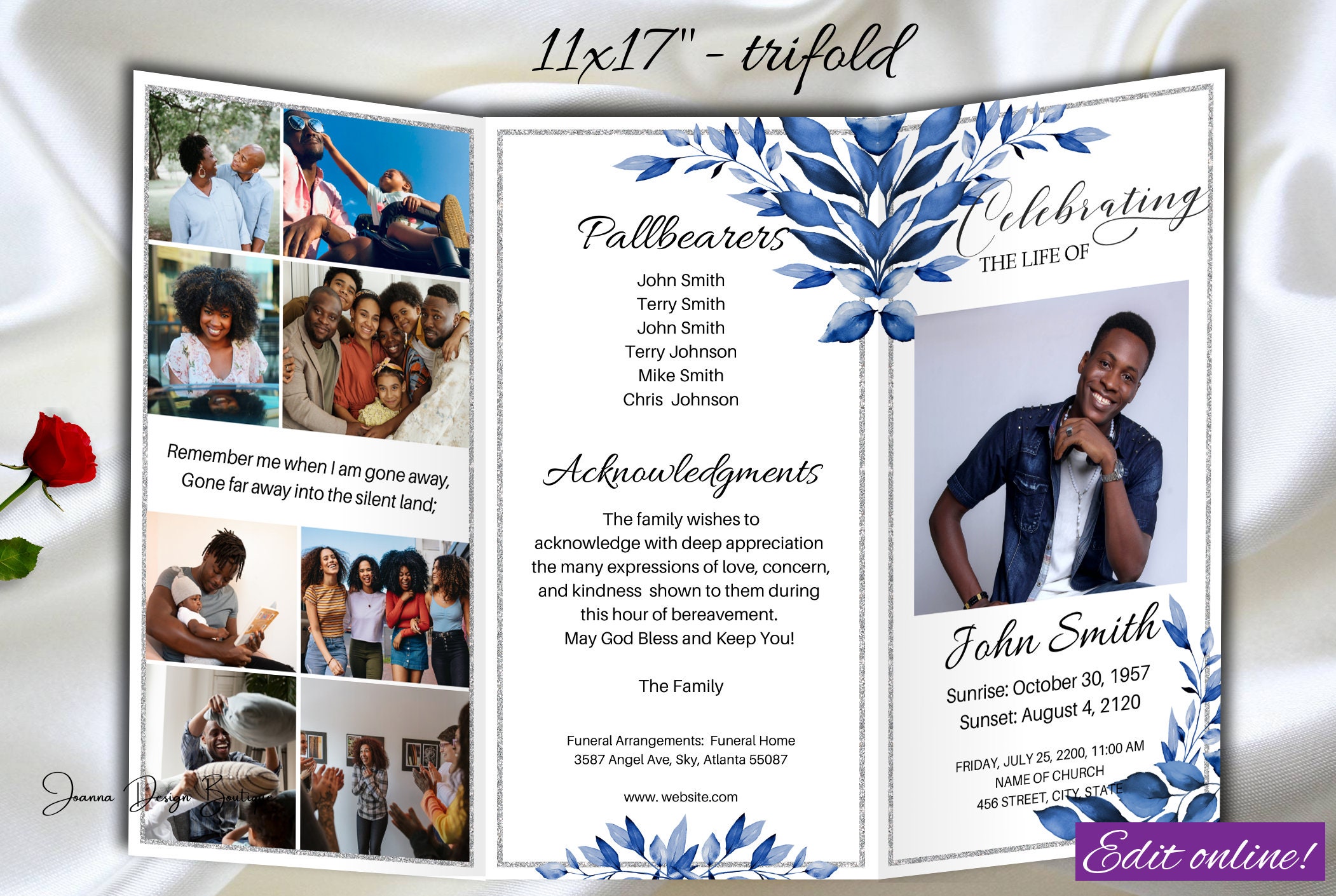 Blue Funeral Program Template Trifold Navy Blue Memorial - Etsy