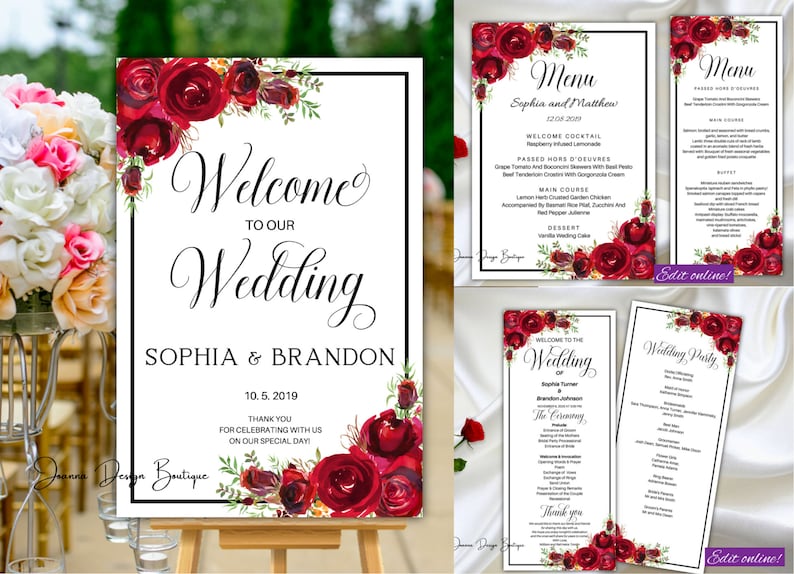 Red Roses Wedding Set Bundle Red Flowers Roses Wedding Welcome - Etsy