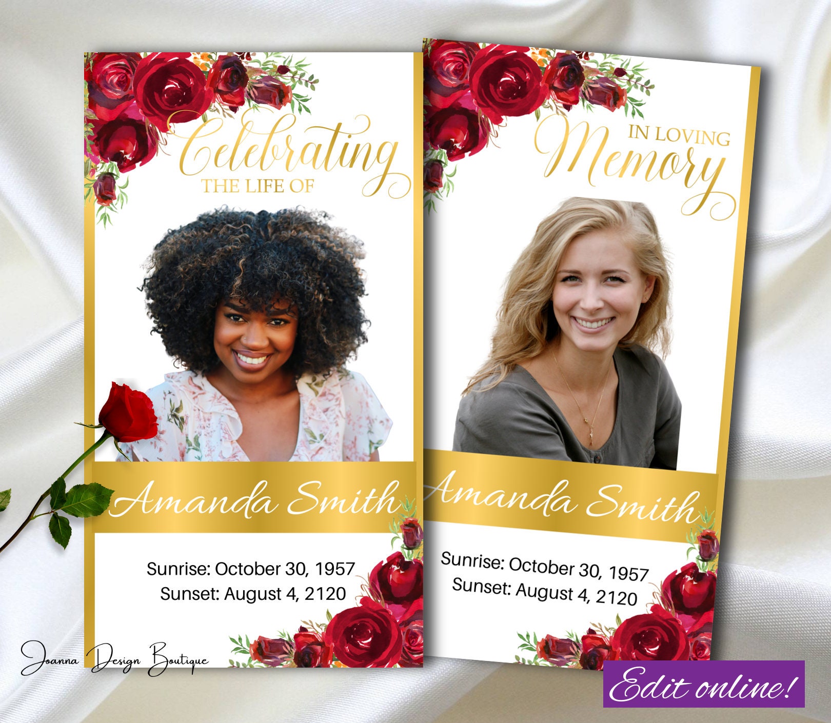 Funeral Program for Women Trifold Red Roses Funeral Program With Red ...