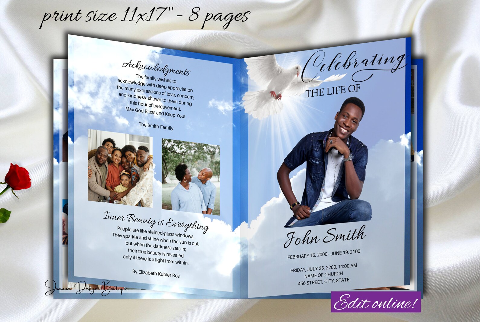 Dove Obituary Program Template Blue Sky Funeral Program for Man Men ...