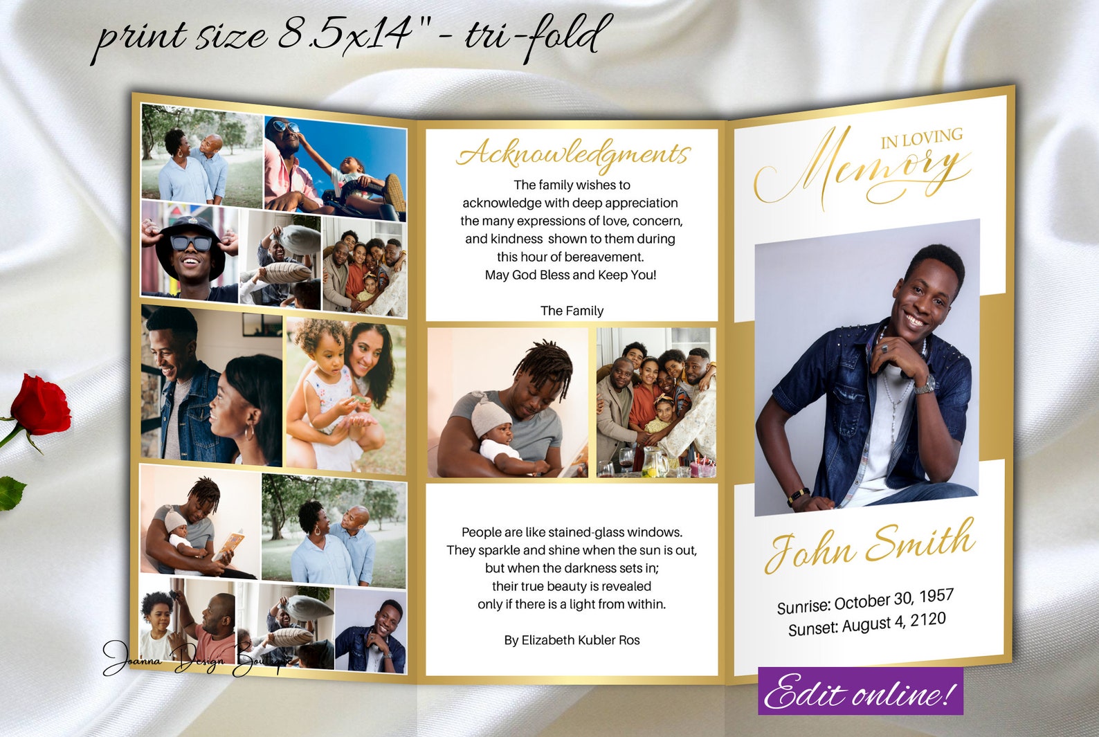 White Gold Funeral Program Template Trifold Gold Obituary Memorial ...