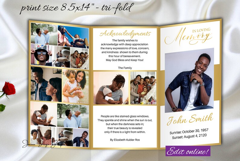 White Gold Funeral Program Template Trifold Gold Obituary Memorial ...