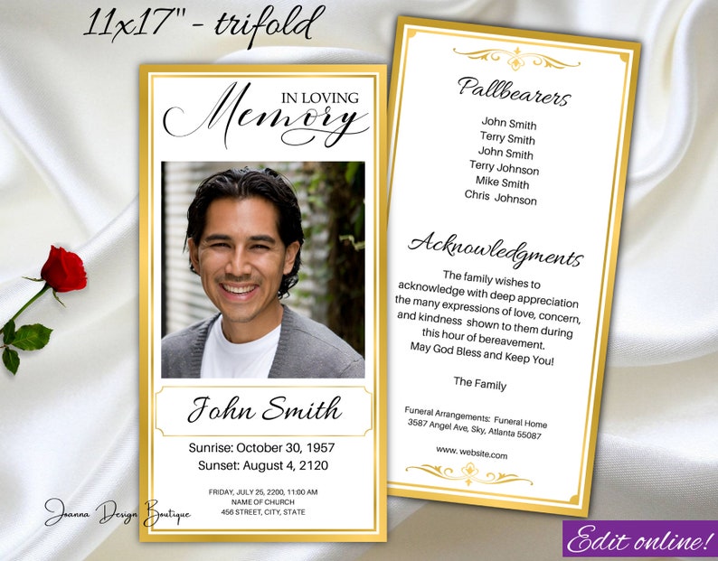 White Gold Funeral Program Template Trifold Gold Memorial | Etsy