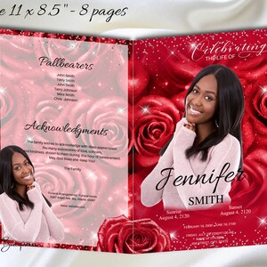 Red Roses Funeral Program Obituary 8.5x11 Red Obituary Funeral Program ...