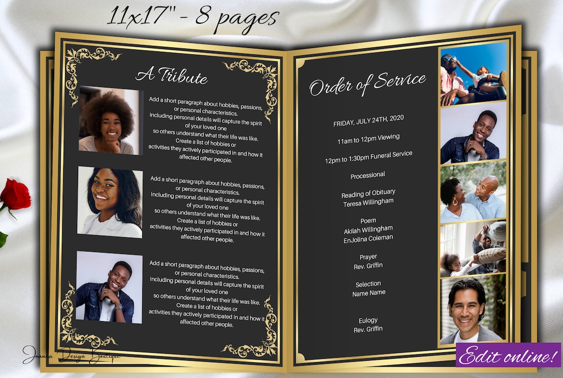 Gold Funeral Program Template 11x17" 8 Pages Male Man Gold Memorial ...