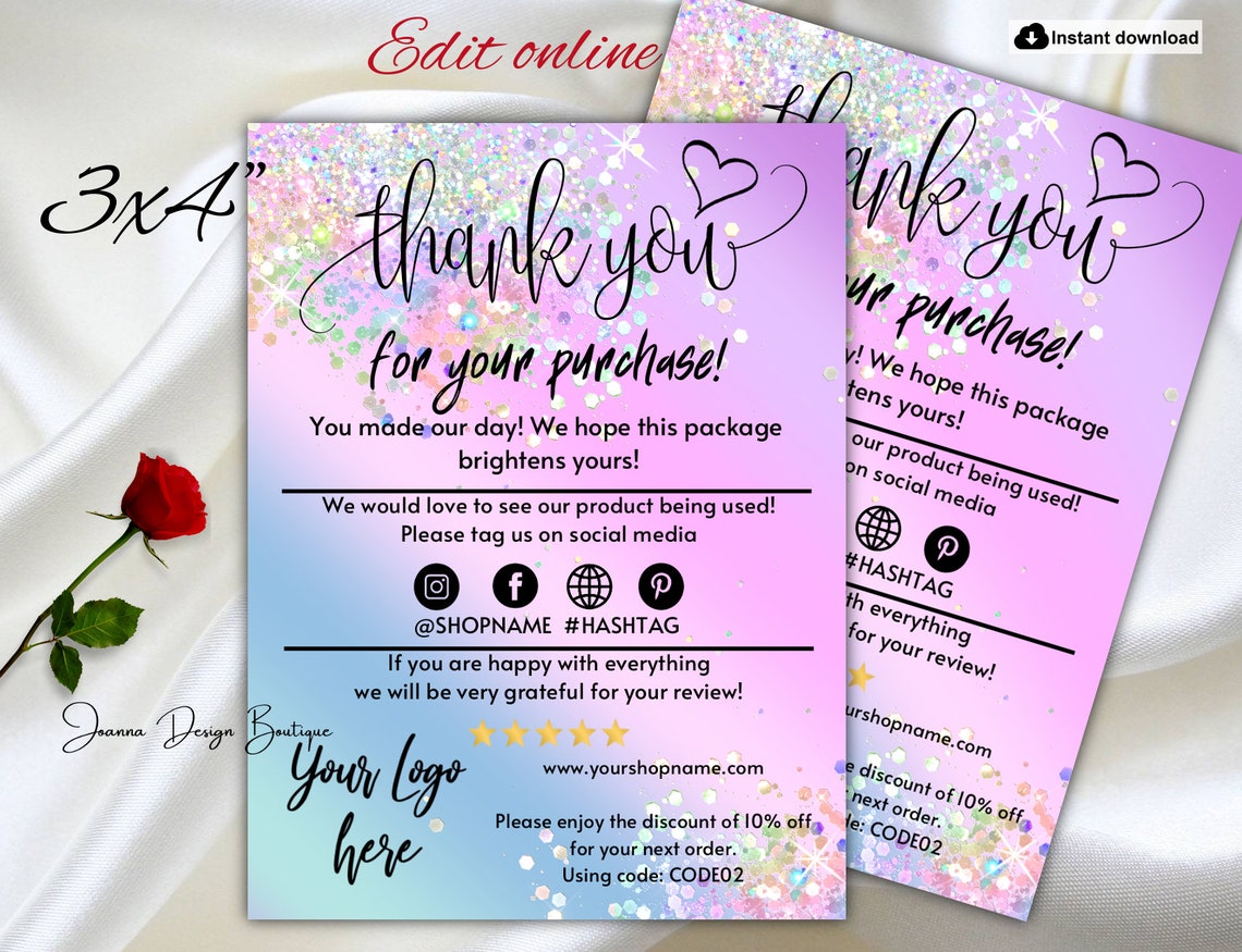 Holographic Business Thank You Card Rainbow Glitter Business - Etsy
