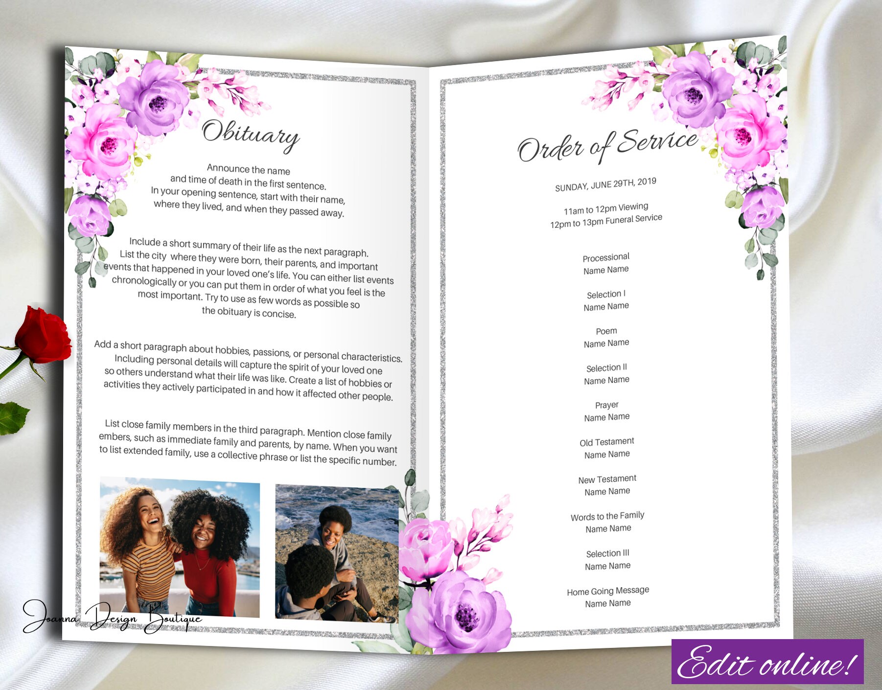 Purple Funeral Program Purple Pink Flower Obituary Template - Etsy Ireland