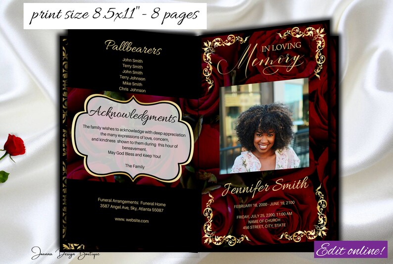 Red Roses Black Obituary Program 8 Pages Red Roses Luxury - Etsy