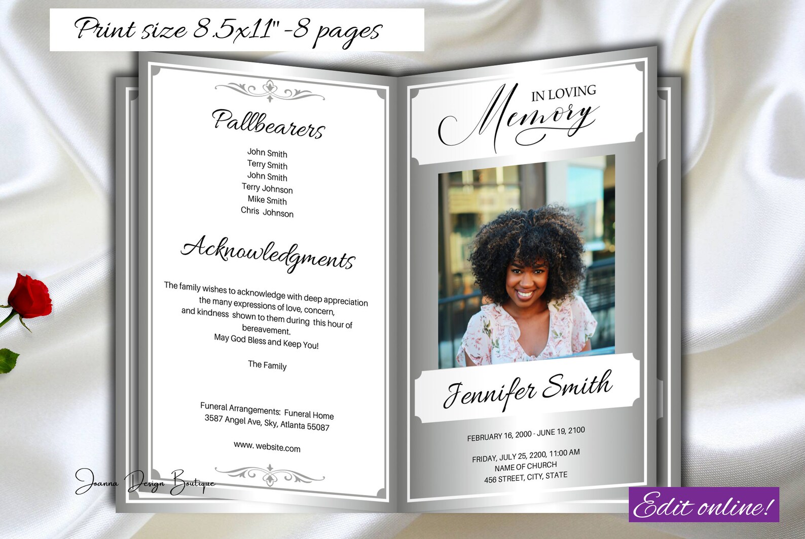White Silver Funeral Program Obituary Template 8 Pages Male - Etsy