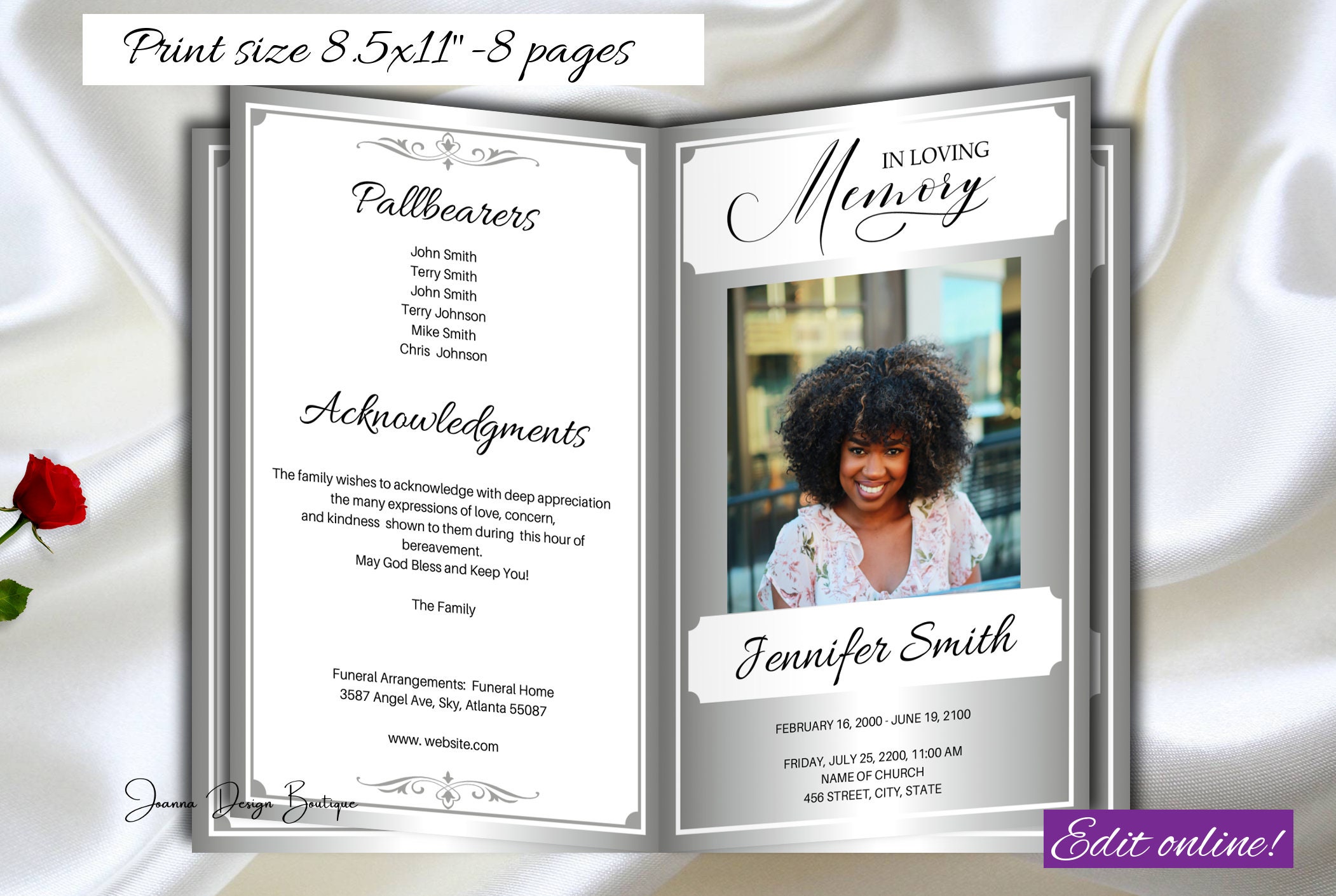 White Silver Funeral Program Obituary Template 8 Pages Male - Etsy