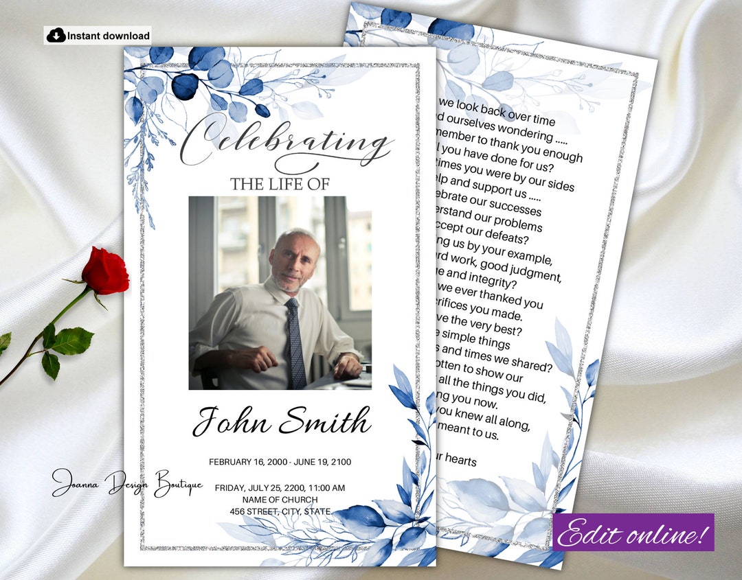 Blue Silver Funeral Prayer Card Template Male Funeral Prayer Card Man ...