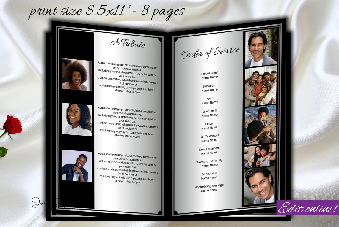 Black Silver Obituary Program Template 8 Pages Silver Funeral - Etsy