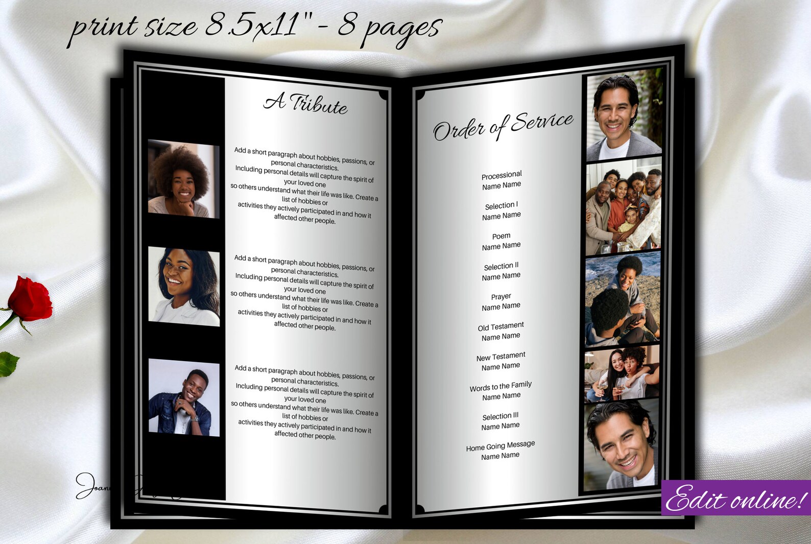 Black Silver Obituary Program Template 8 Pages Silver Funeral - Etsy