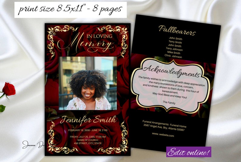 Red Roses Black Obituary Program 8 Pages Red Roses Luxury - Etsy